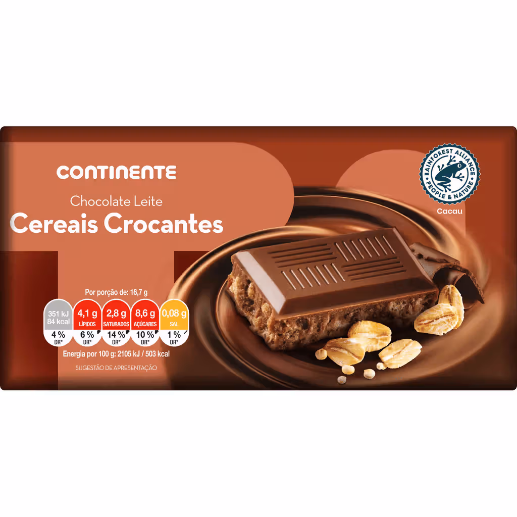 Tablete de Chocolate Cereais Crocantes - CONTINENTE - Nutripédia