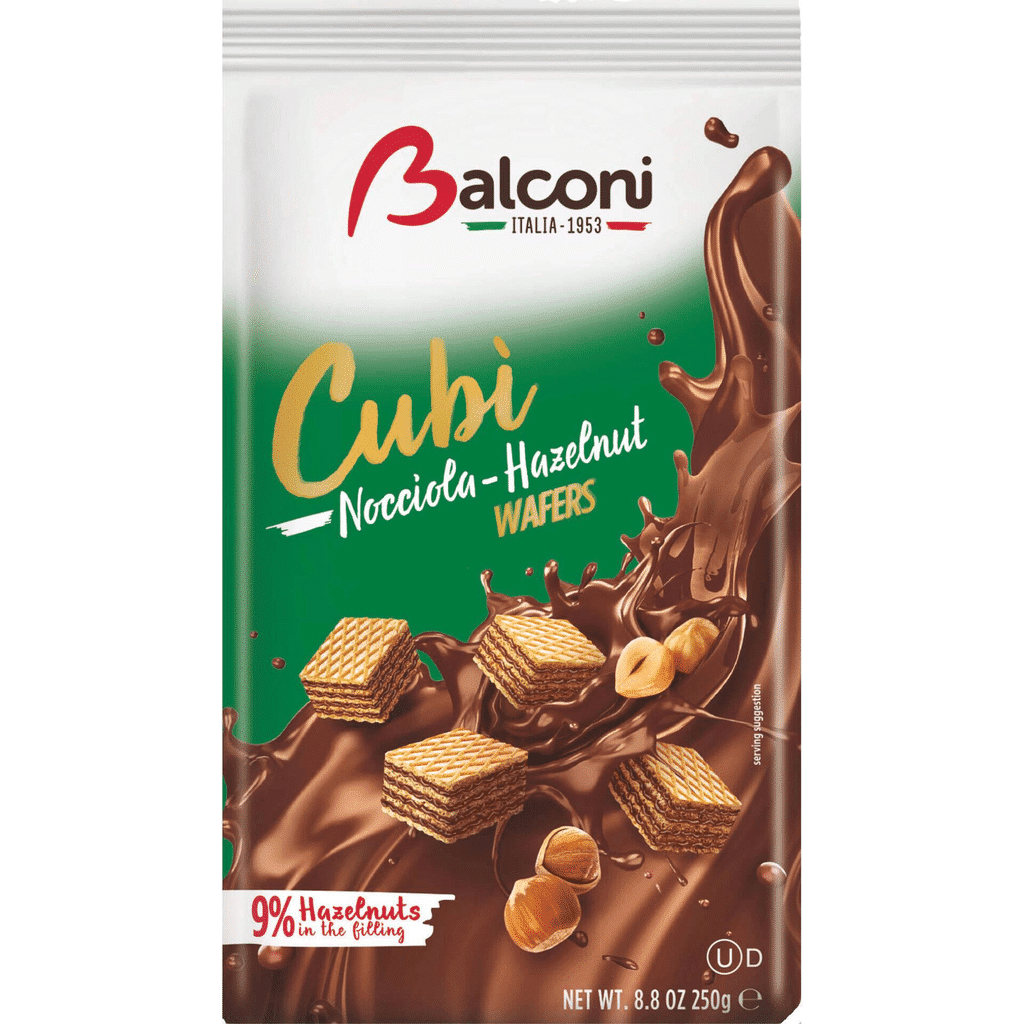 Bolachas Wafers com Recheio Avelã Cubos - BALCONI - Nutripédia