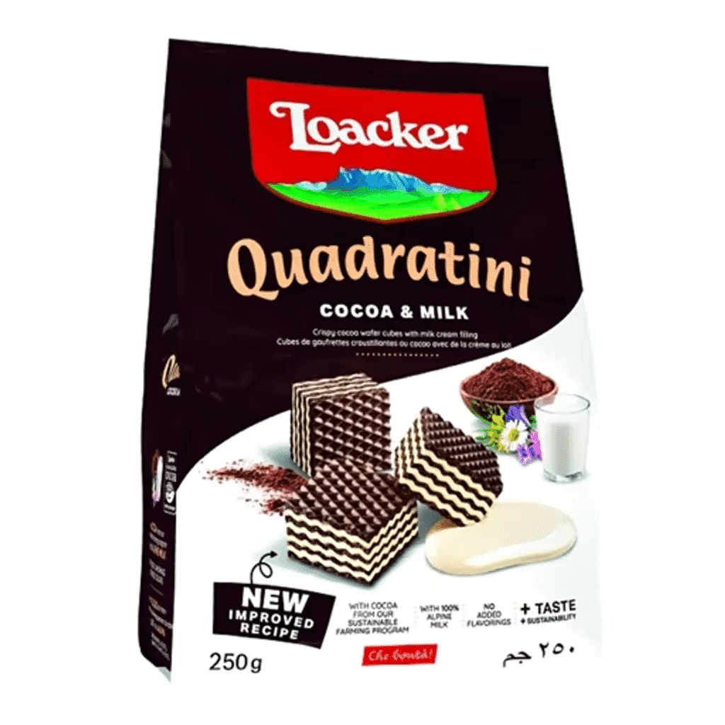Bolachas Wafer Quadratini Cacau e Leite - LOACKER - Nutripédia